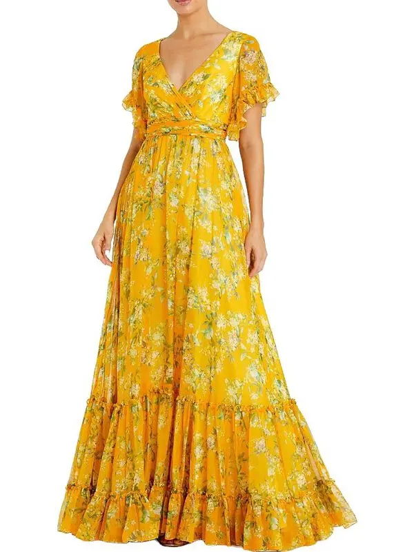 Mac Duggal Flounce Sleeve Floral Maxi Dress - Yellow Multi