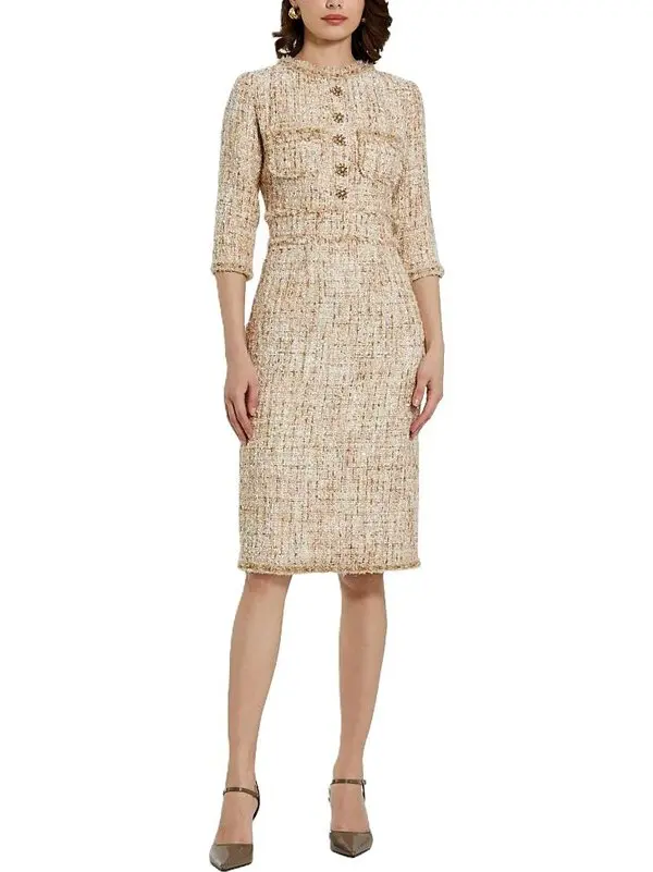 Mac Duggal 3/4 Sleeve Beaded Trim Patch Pocket Midi Dress - Blush