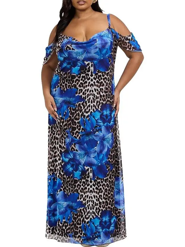FASHION-SZN CURVE Leopard And Floral Print Maxi Dress - Blue