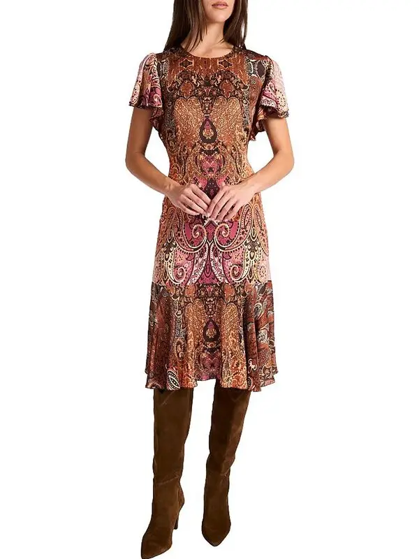 Santorelli Grazia Flutter Sleeve Sheath Dress - Chestnut Multi