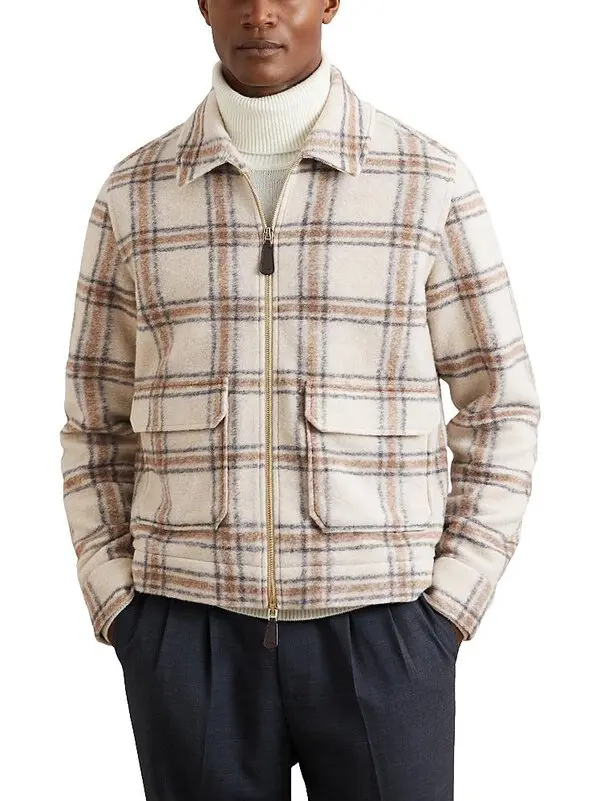 REISS Long-sleeved Check Overshirt - Stone
