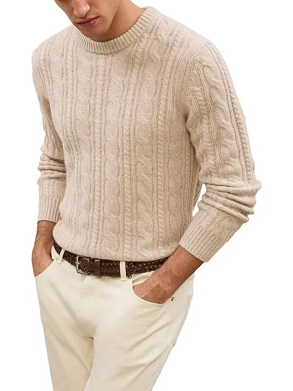 REISS Long Sleeved Crewneck Cable Cashmere Blend Sweater - Oatmeal