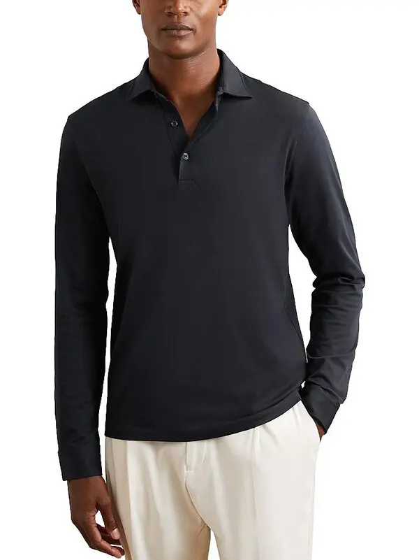 REISS Porofino Long Sleeved Jersey Half Button Polo Shirt - Navy