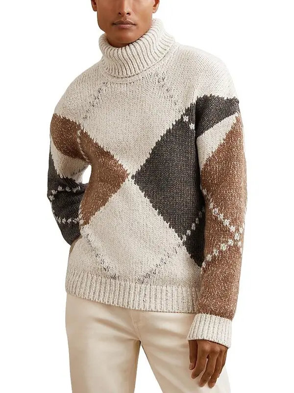 REISS Relaxed Fit Roll Neck Argyle Sweater - Camel Brown