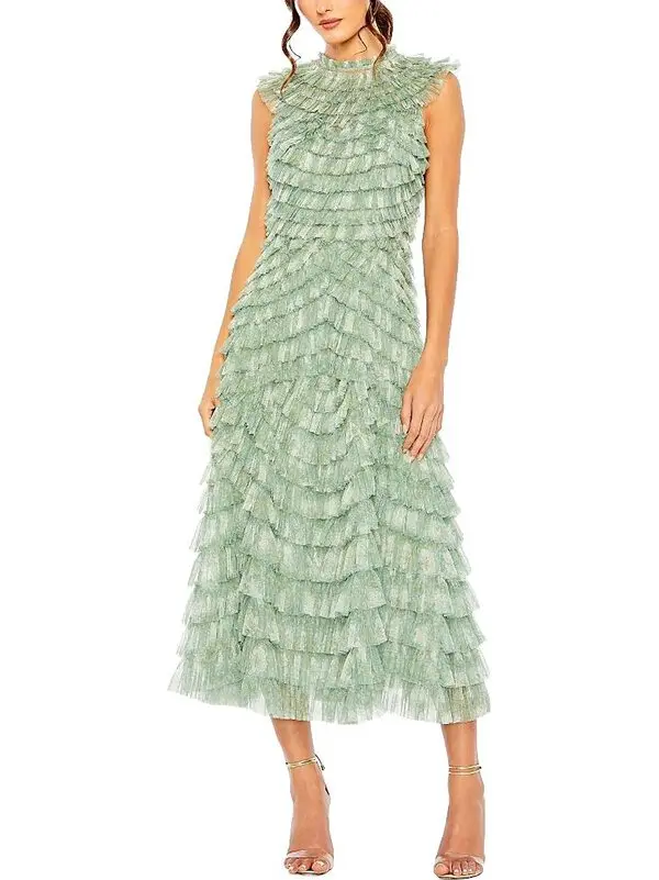 Mac Duggal Floral Ruffle Tiered Mesh Mock Neck Sleeveless Dress - Green Multi