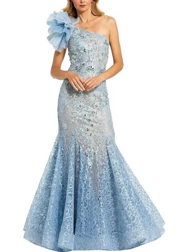 Mac Duggal Embellished Tulle Flower Detail Mermaid Gown - Powder Blue