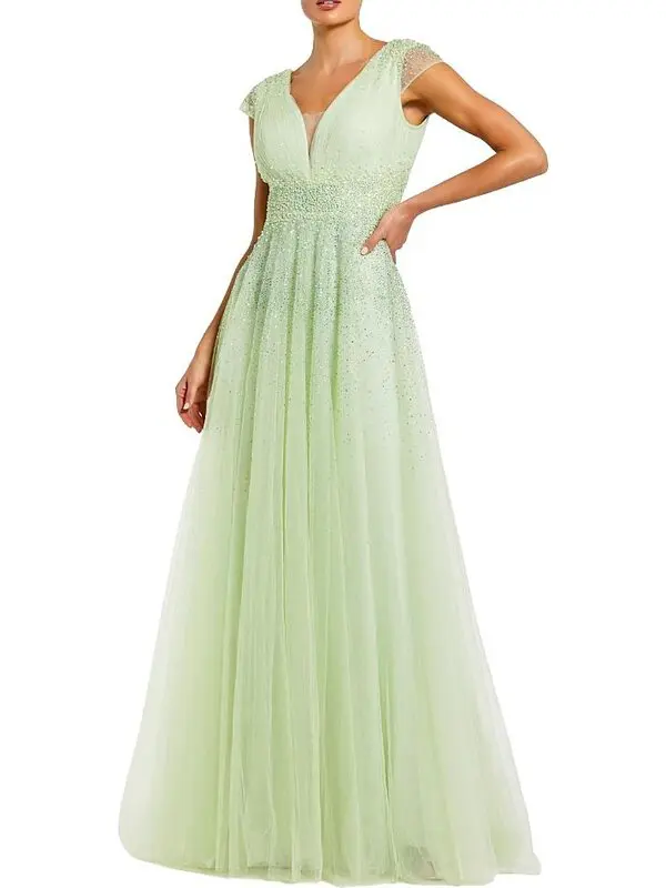 Mac Duggal Embellished Tulle V-neck Gown - Sage