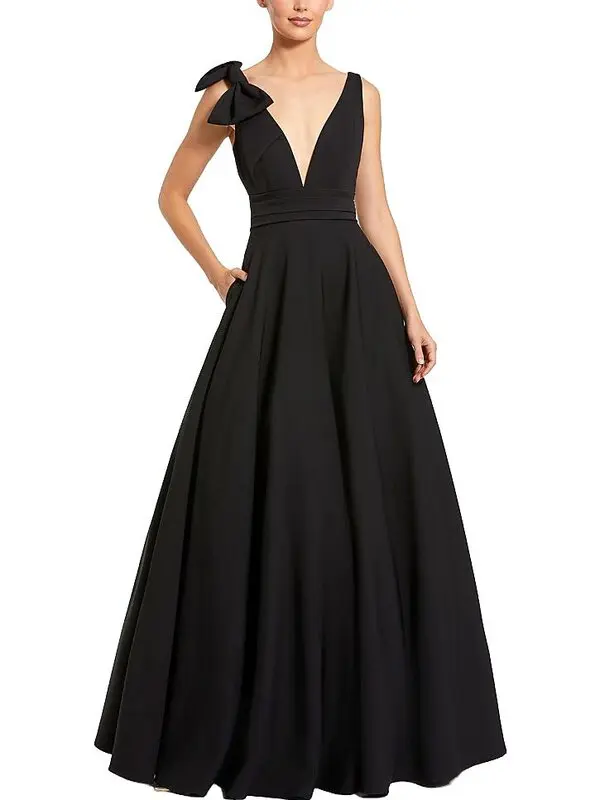 Mac Duggal Crepe Sleeveless Plunge Neck Ballgown With Bow - Black