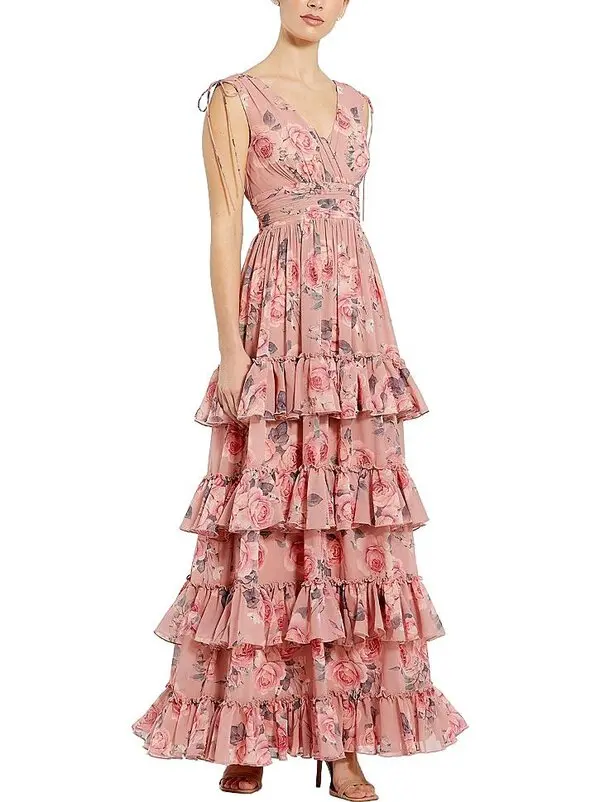 Mac Duggal Floral Chiffon Tiered Gown - Pink Multi