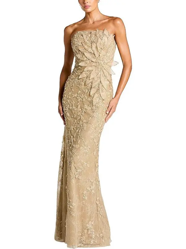 Mac Duggal Beaded Strapless Mermaid Gown With 3d Flower - Gold