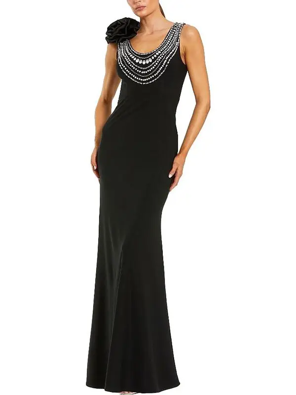 Mac Duggal Beaded Scoop Neck Jersey Gown With 3d Flower - Black