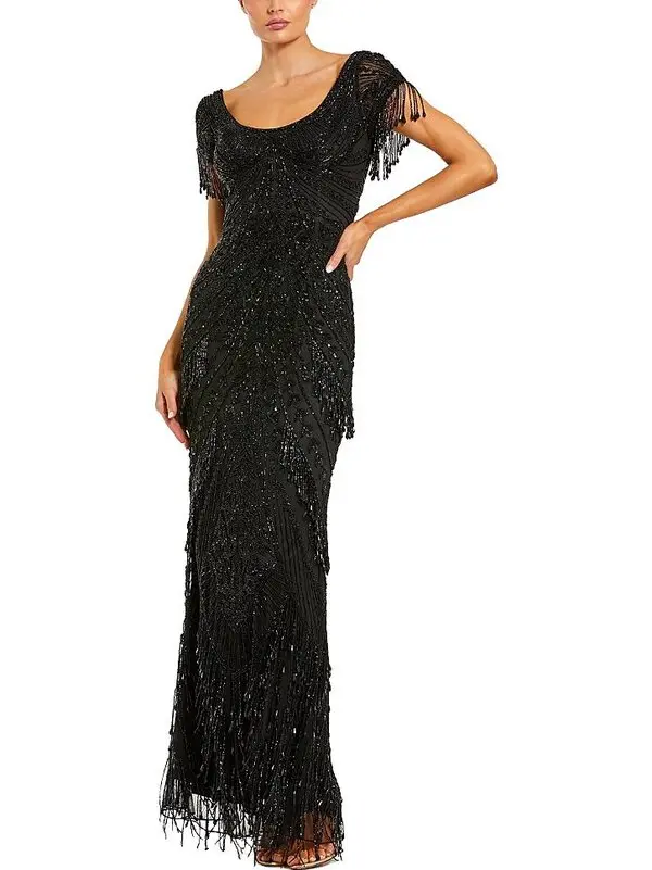 Mac Duggal Beaded Mesh Fringe Short Sleeve Column Gown - Black