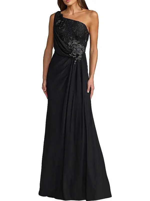 Mac Duggal Jersey One-shoulder Cowl Gown With 3d Flowers - Black