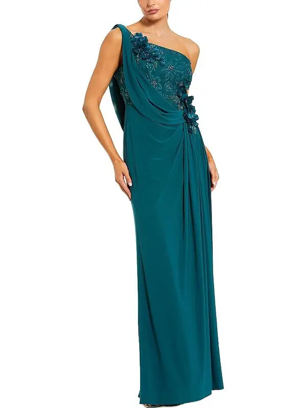 Mac Duggal Jersey One-shoulder Cowl Gown With 3d Flowers - Ocean