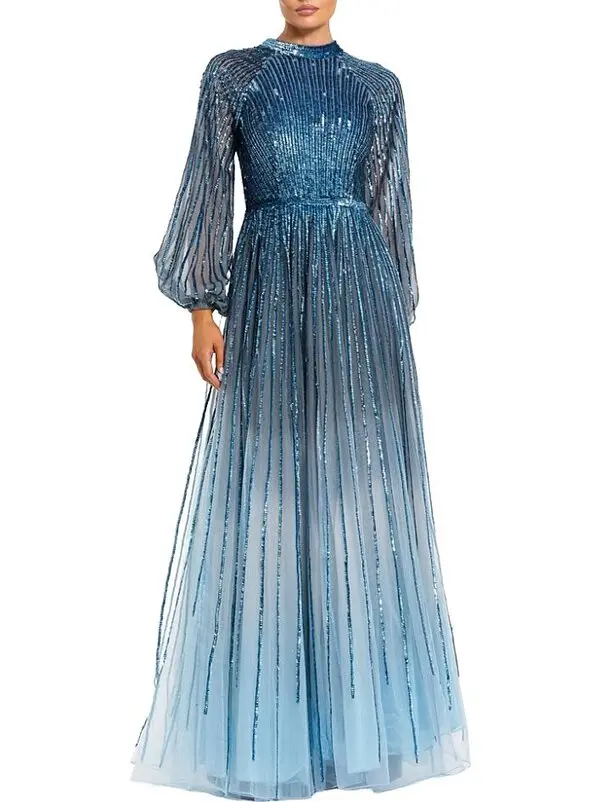 Mac Duggal Sequined Ombre Bishop Sleeve A-line Gown - Slate Blue