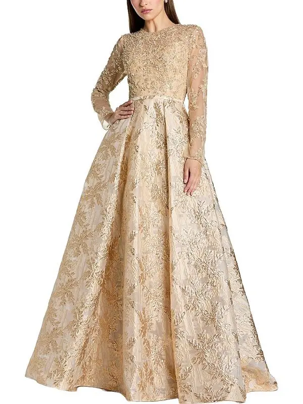 Mac Duggal Long Sleeve Beaded Mesh Brocade Skirt Ballgown - Light Gold