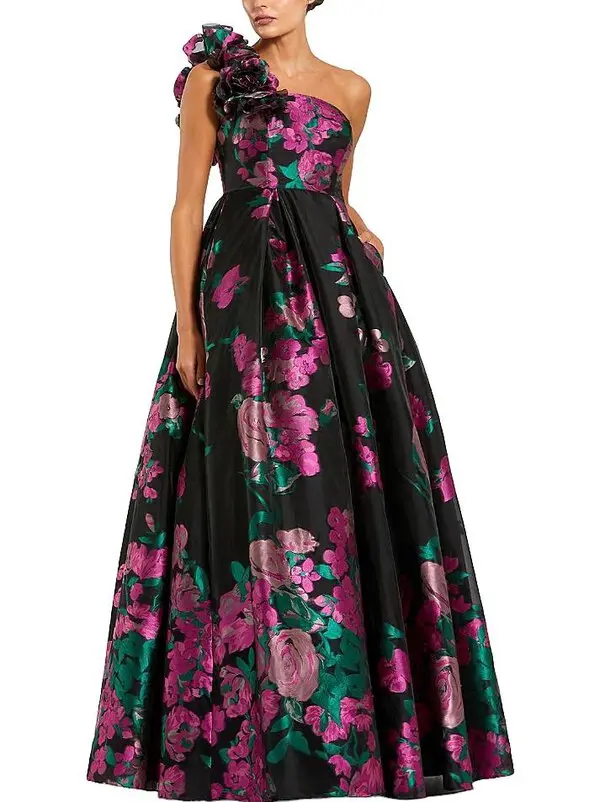 Mac Duggal Floral Brocade One Shoulder Ballgown - Black Multi