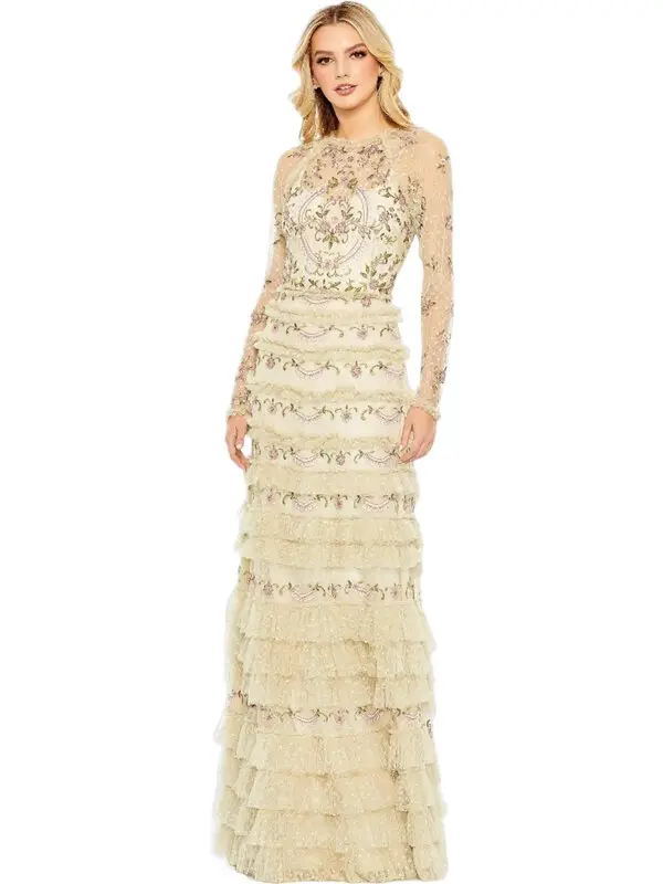 Mac Duggal Mesh Polka Dot Long Sleeve Floral Ruffle Tiered Gown - Neutral