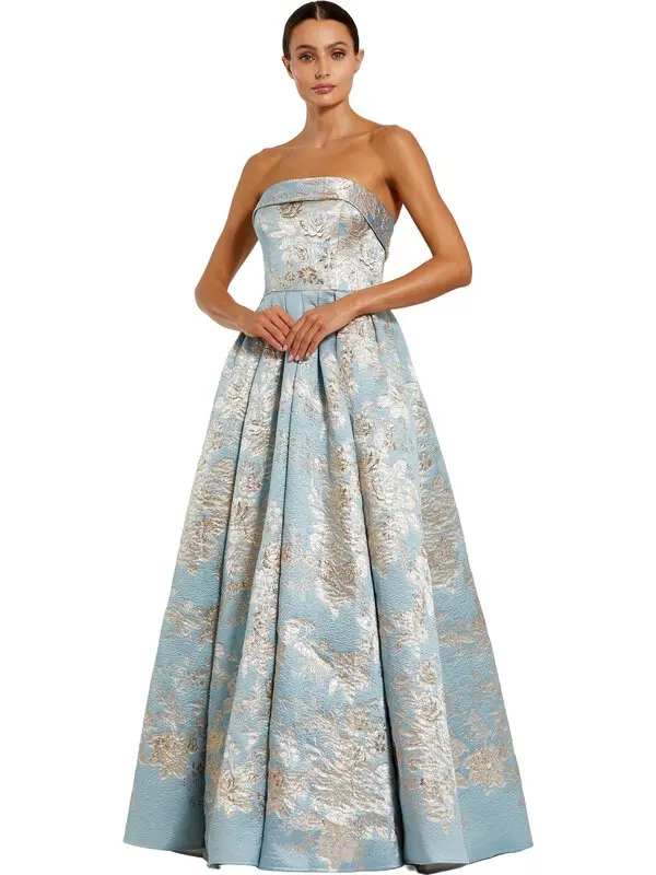 Mac Duggal Strapless Brocade Ball Gown With Pockets - Blue Multi