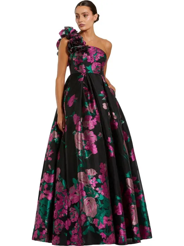 Mac Duggal Floral Brocade One Shoulder Ball Gown - Black Multi