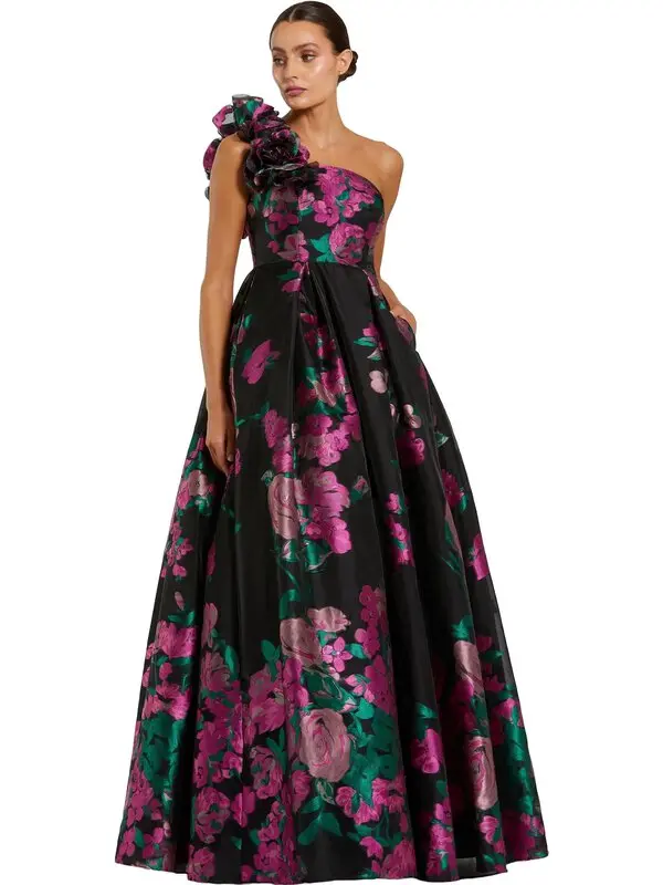 Mac Duggal Floral Brocade One Shoulder Ball Gown - Black Multi