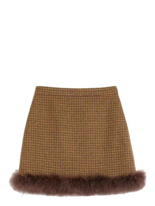 Valentino Garavani Houndstooth Skirt With Feather Boa Hem - Brown