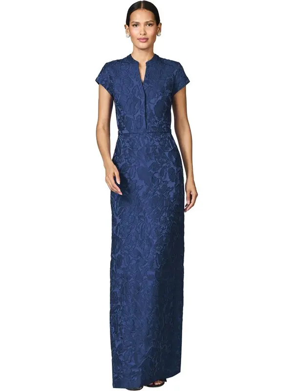 Sachin & Babi Mandarin V-neck Cloque Gown - Midnight