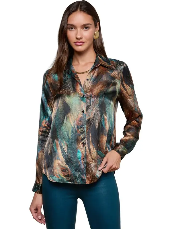 L'Agence Tyler Silk Blouse Top - Teal Multi Mix Feather