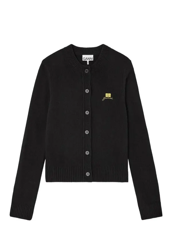 GANNI Embroidered Logo Cardigan - Black