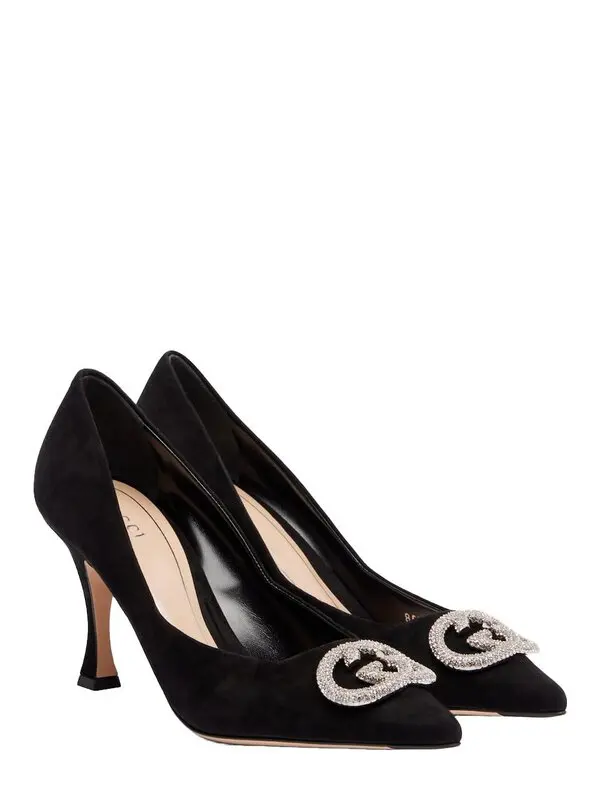 Gucci Alicia 85 Embellished Suede Pumps - Black