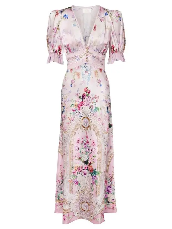 Camilla Lace-trimmed Printed Silk Midi Dress - Pink