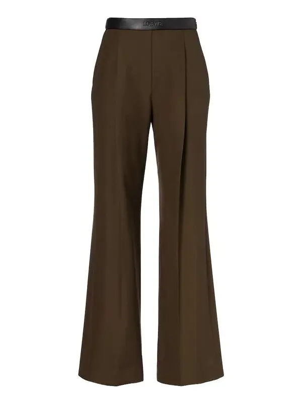 Loewe Leather-trimmed Pleated Wool Flared Pants - Green