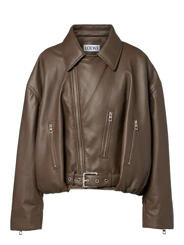 Loewe Cropped Leather Biker Jacket - Brown