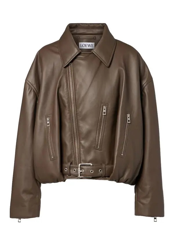 Loewe Cropped Leather Biker Jacket - Green