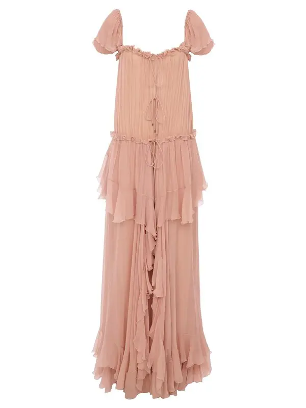 Chloé Gathered Long Ruffled Dress - Biscuit Pink