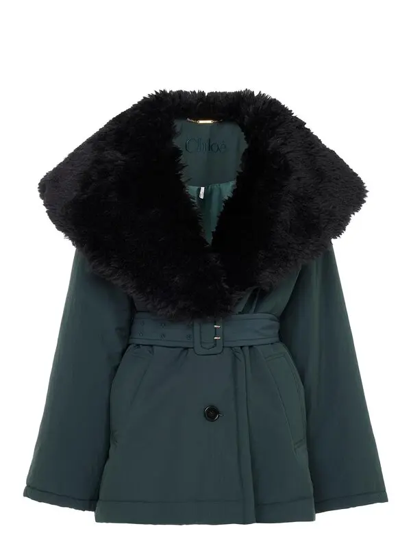 Chloé Short Coat With Faux Fur Collar - Dark Pine