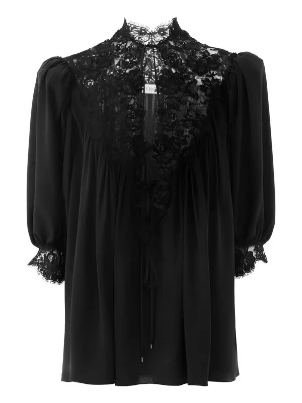 Chloé Crêpe De Chine Top With Lace Inserts - Black