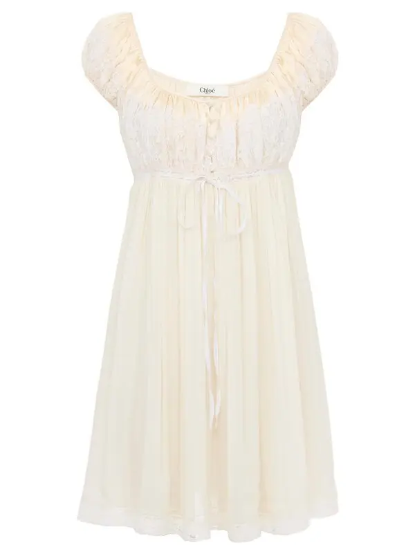 Chloé Mini Dress In Mousseline & Lace - Whisper White