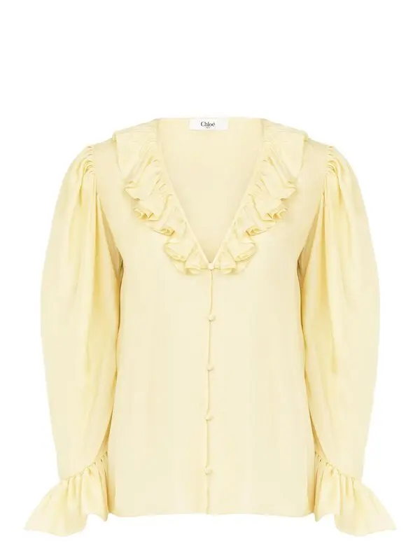 Chloé V-neck Ruffle Habotai Top - Powder Yellow