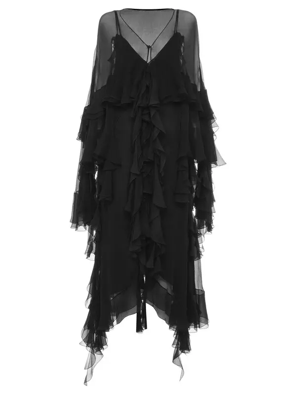 Chloé Long Ruffled Mousseline Dress - Black