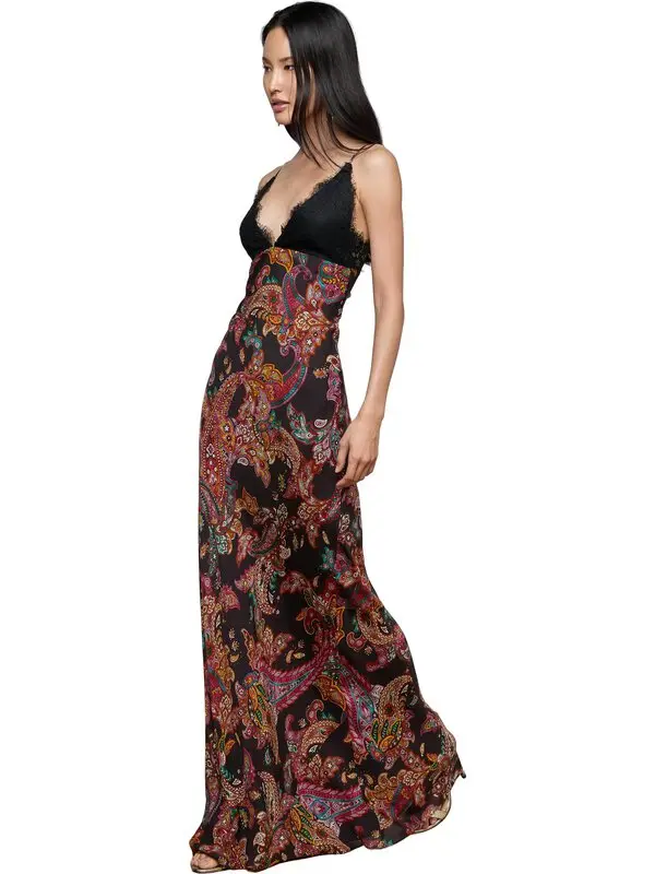 L'Agence Susanna Silk Lace Gown - Black Multi Paisley Scroll