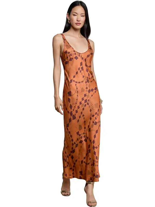 L'Agence Akiya Printed Satin Maxi Dress - Amber Brown Playing Card Geo