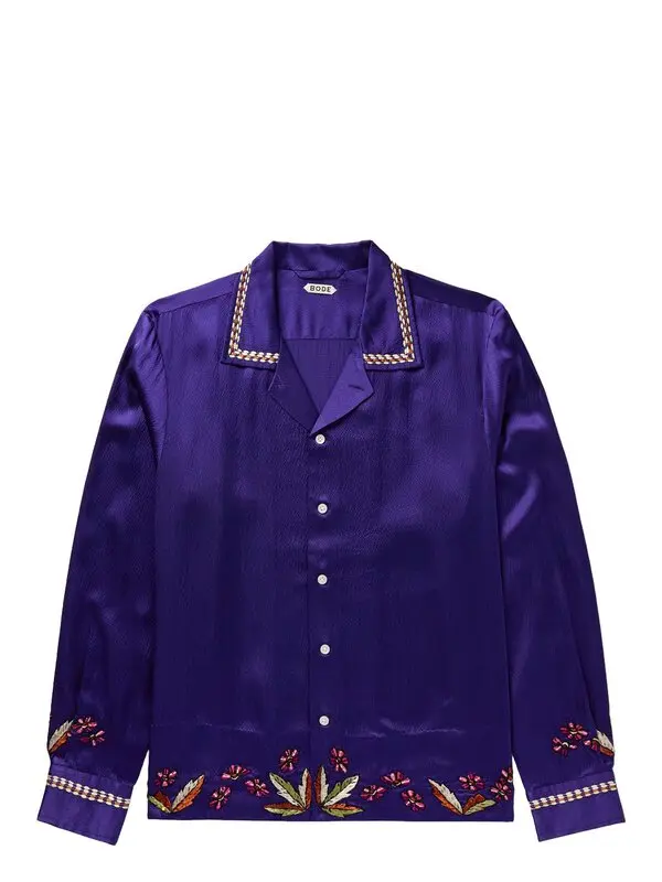 BODE Dream Souvenir Camp-collar Embroidered Hammered-silk Shirt - Purple