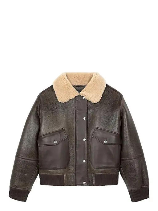 The Kooples Short Leather Jacket With Shearling Collar - Brown