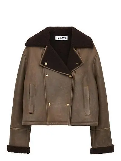 Loewe Shearling-lined Boxy Leather Jacket - Sage