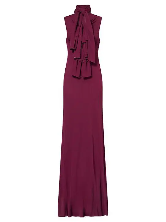 Alaïa High-neck Bow Woven Maxi Dress - Prune