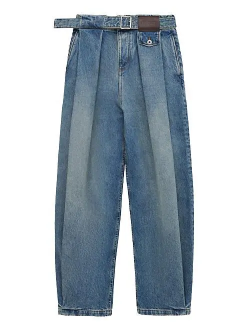 Loewe Pleated Wide Leg Denim Trousers With Adjustable Belt - Washed Denim