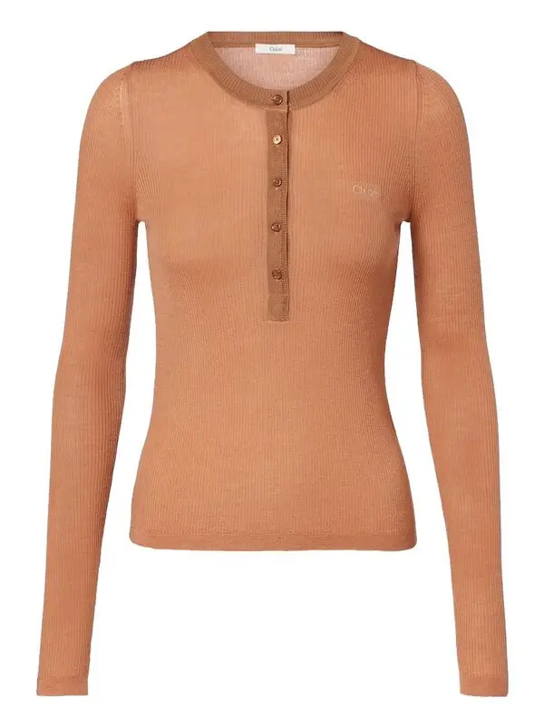 Chloé Ribbed Henley Shirt In Wool - Beige