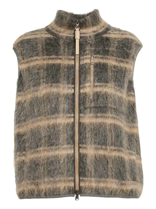 Brunello Cucinelli Wool-mohair Check Zip Vest - Charcoal