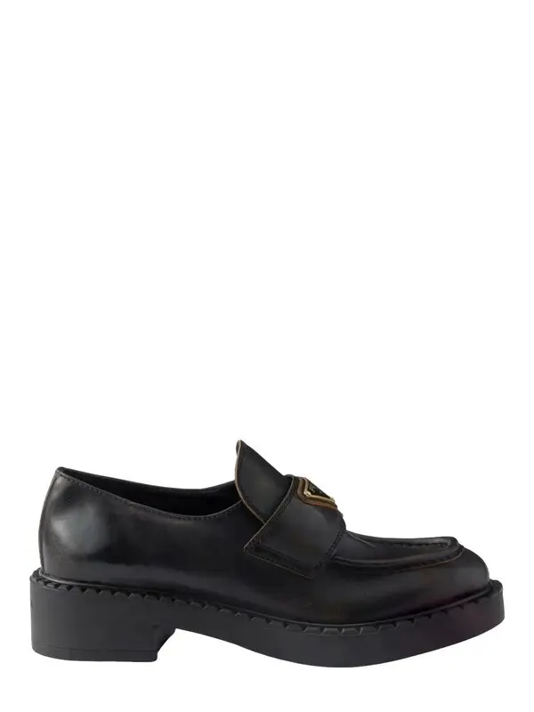 Prada Logo Triangle Leather Loafers - Black